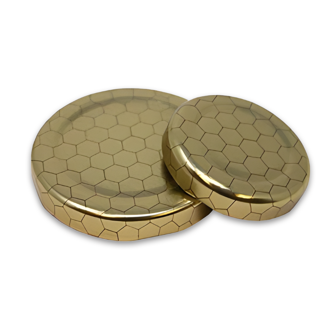 Gold w/Hex Printed Metal LUG Lids [PLC-58 / PLC-43] | Blue Sky Bee Supply